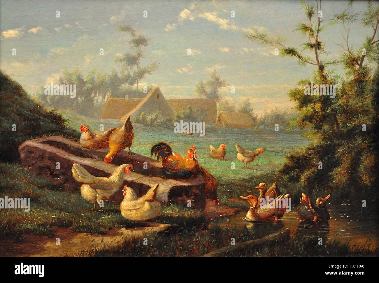 This illustration of fowl and poultry in a farmyard showcases various ...