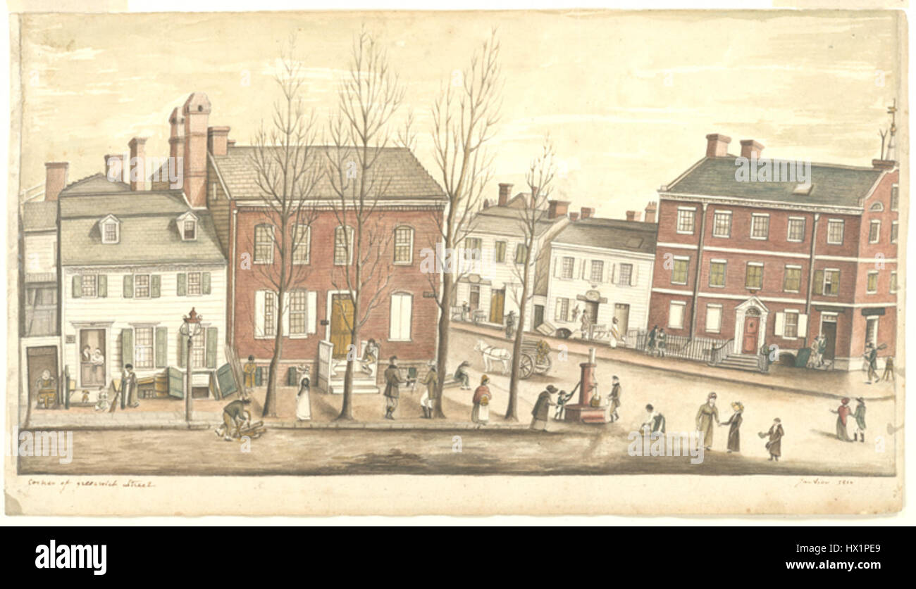 An 1810 depiction of the corner of Greenwich Street, illustrating the ...