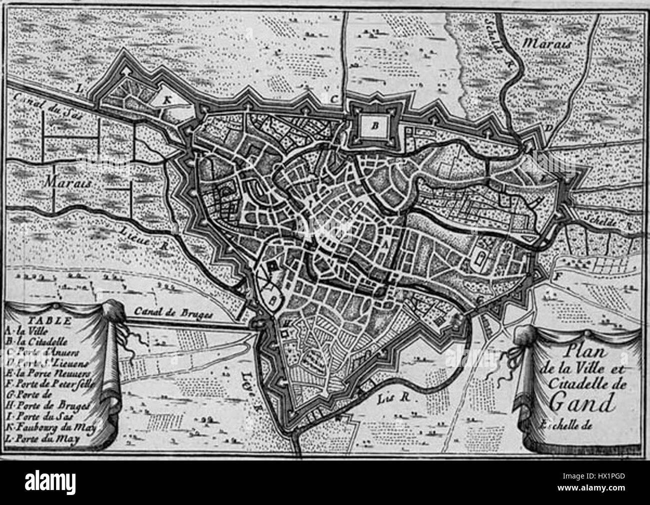 The old map of Ghent, Belgium, showcases the historical layout of the ...