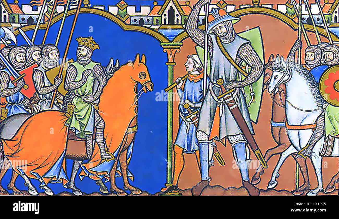 The 'Maciejowski Bible' illustration titled 'Goliath Challenges the ...