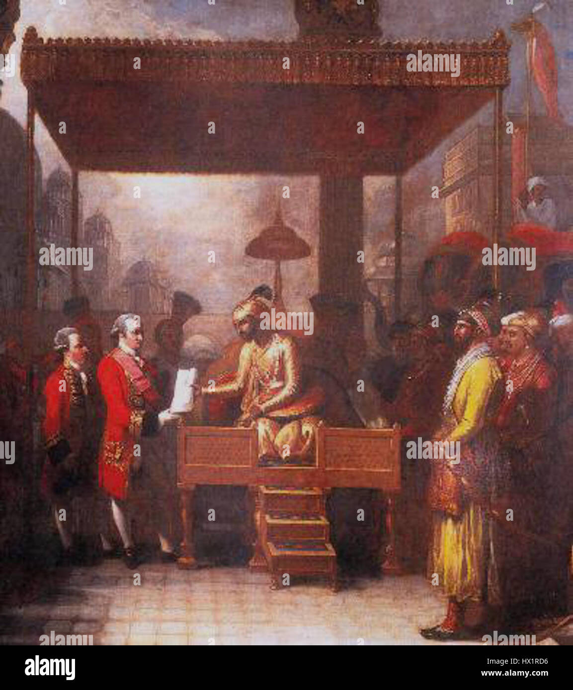 The depiction of Robert Clive receiving the Diwani (right to collect ...