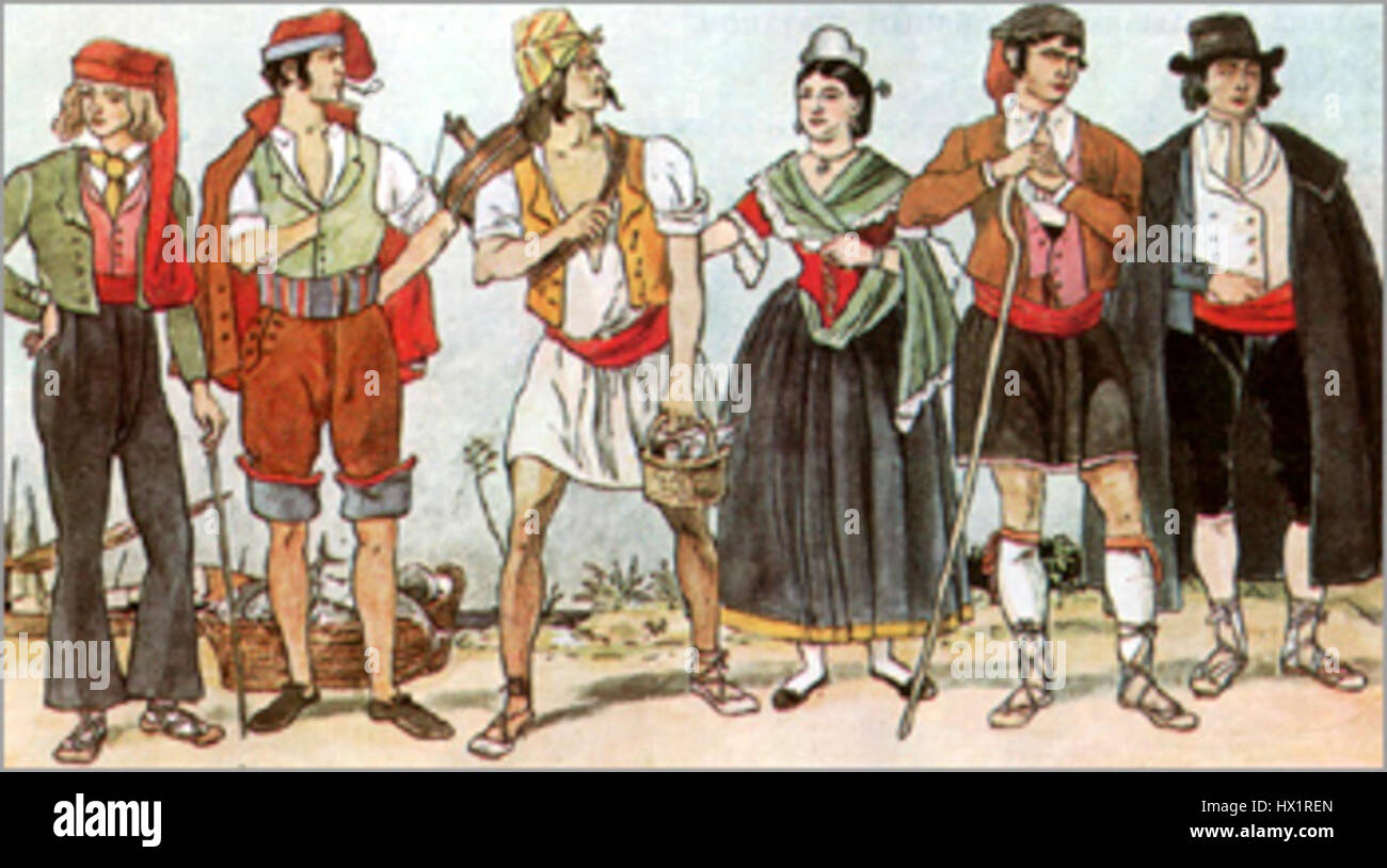 This historical table showcases the traditional clothing of Spain ...