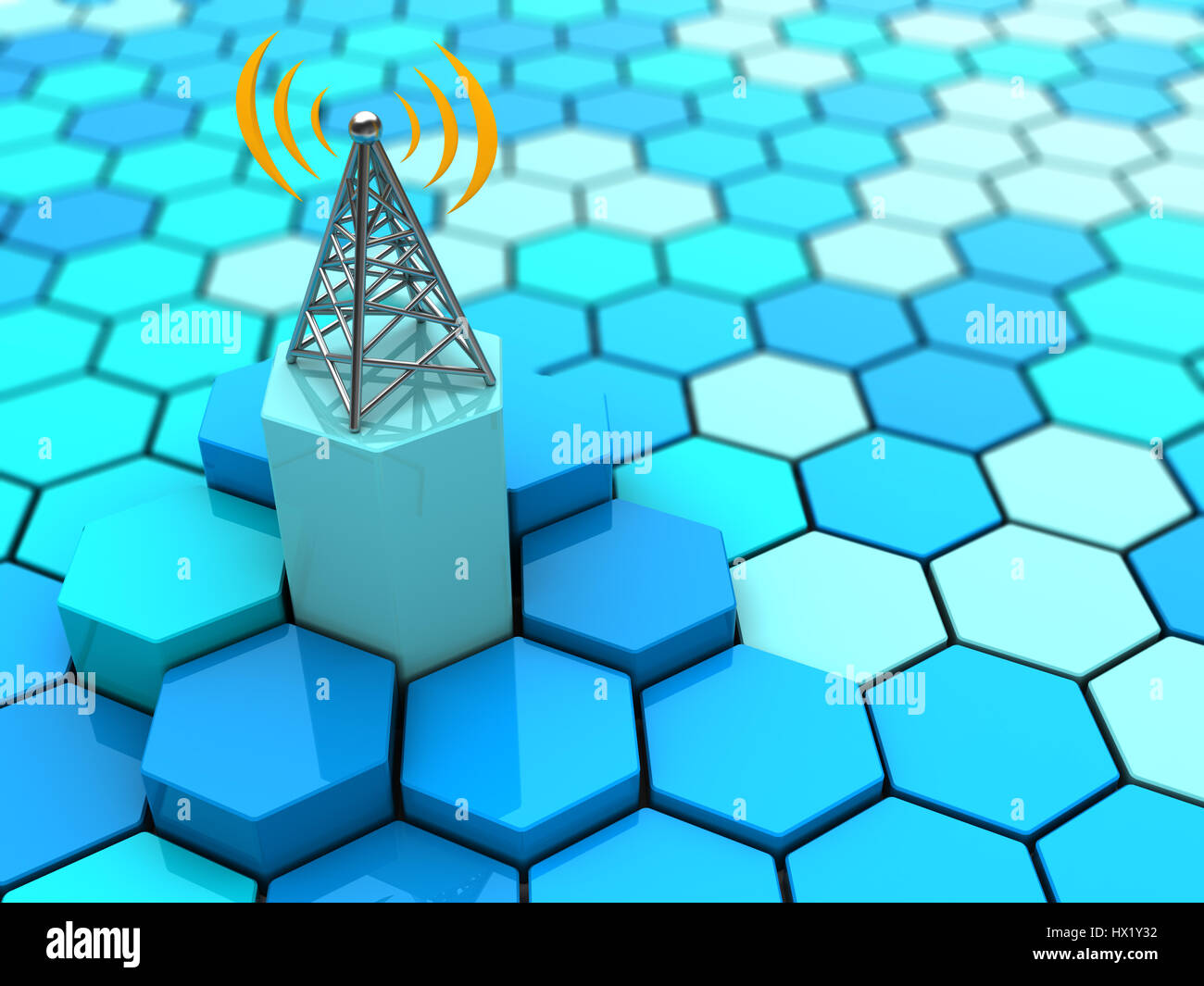 abstract 3d illustration of hexagons network and antenna Stock Photo ...