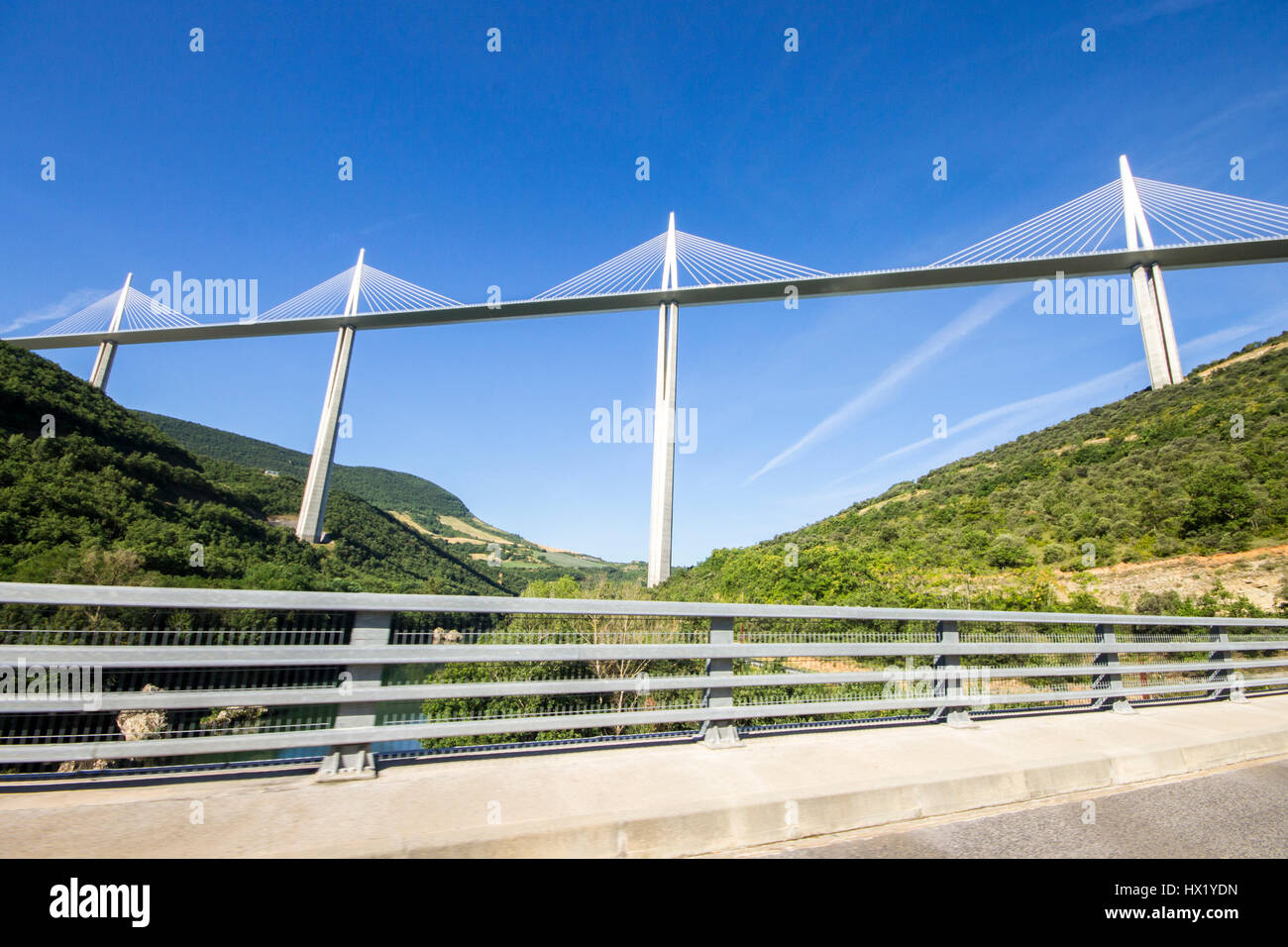 The Millau Viaduct, a cable-stayed bridge that spans the valley of the ...