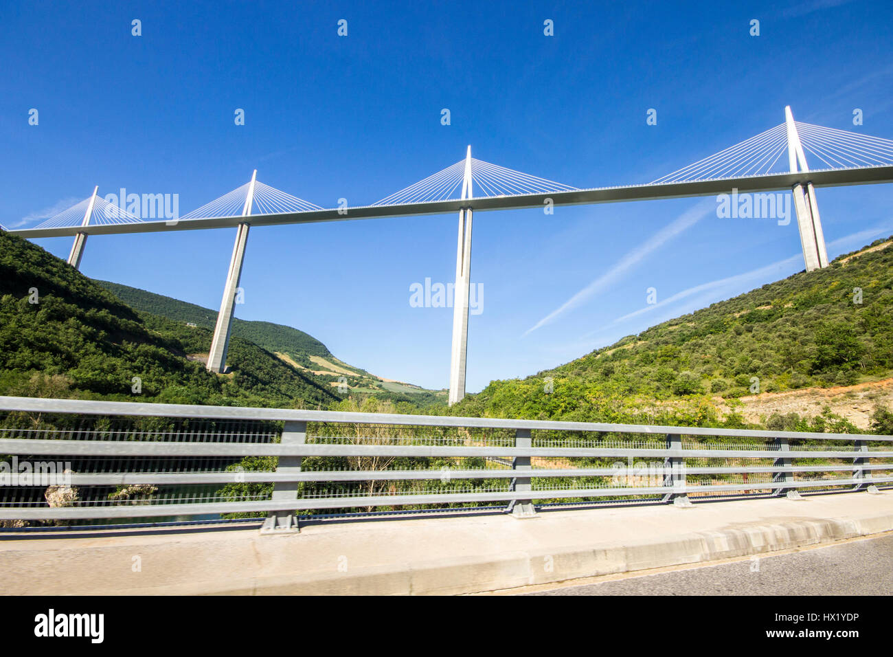 The Millau Viaduct, a cable-stayed bridge that spans the valley of the ...