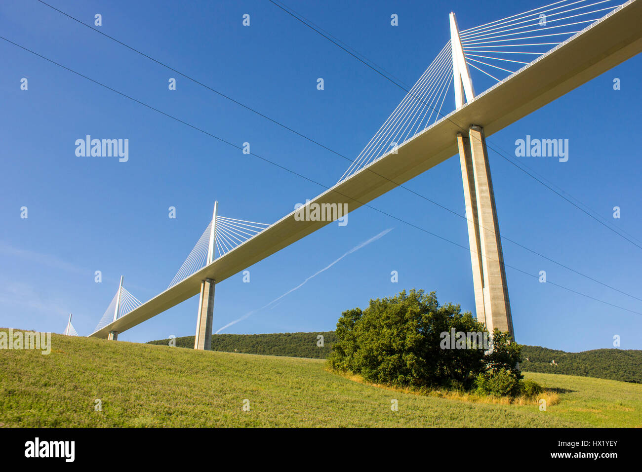 The Millau Viaduct, a cable-stayed bridge that spans the valley of the ...