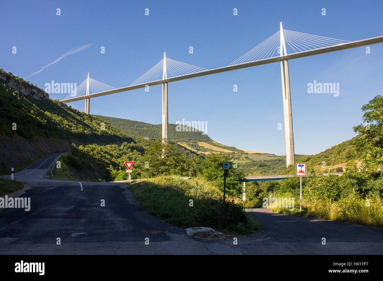 The Millau Viaduct, a cable-stayed bridge that spans the valley of the ...