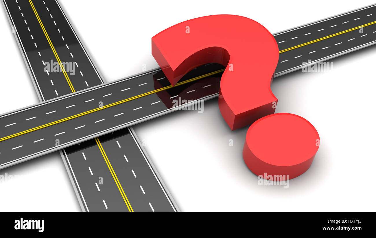 abstract 3d illustration of roads cross and question mark Stock Photo ...