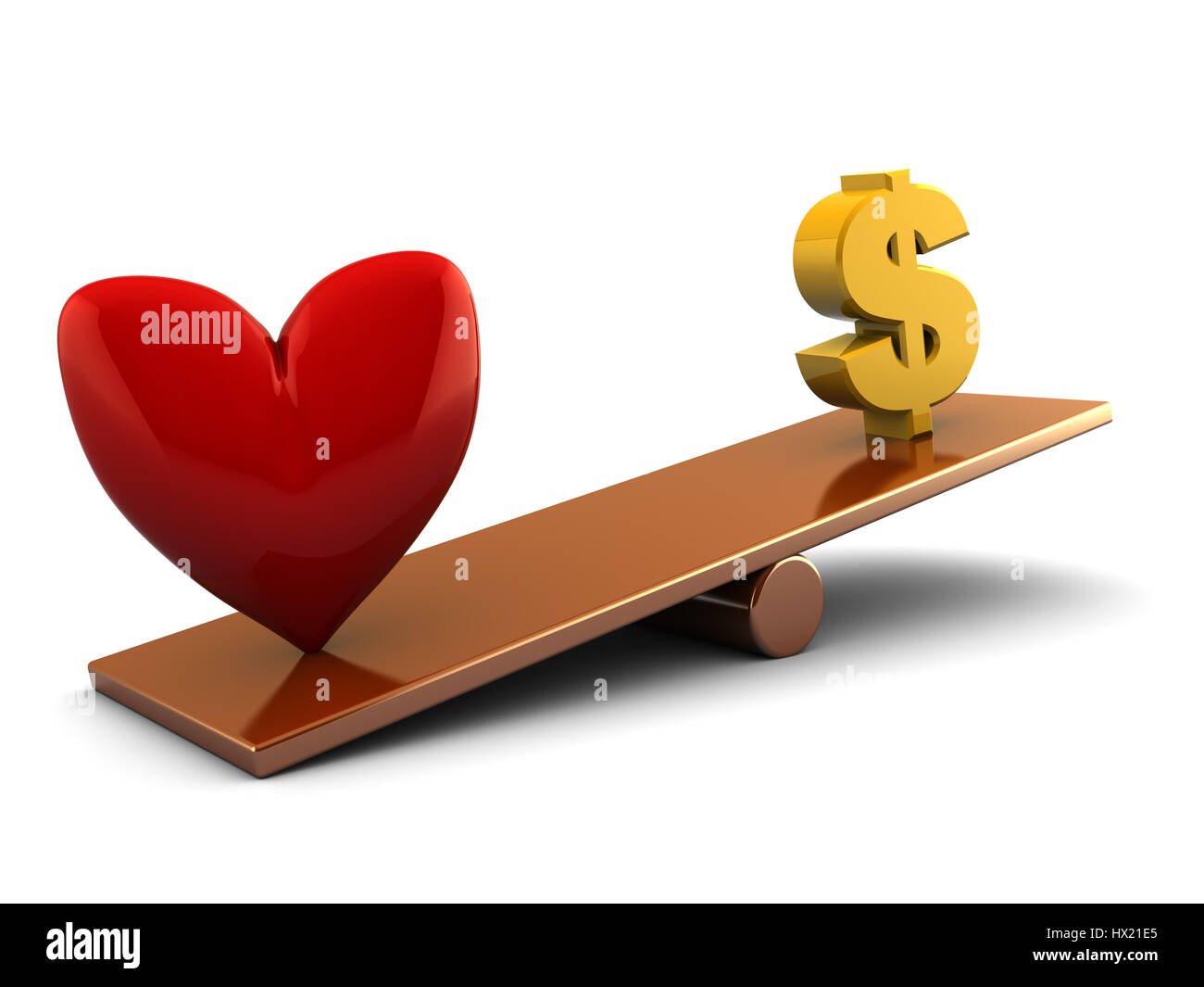 abstract 3d illustration of red heart and dollar sign on scale board ...