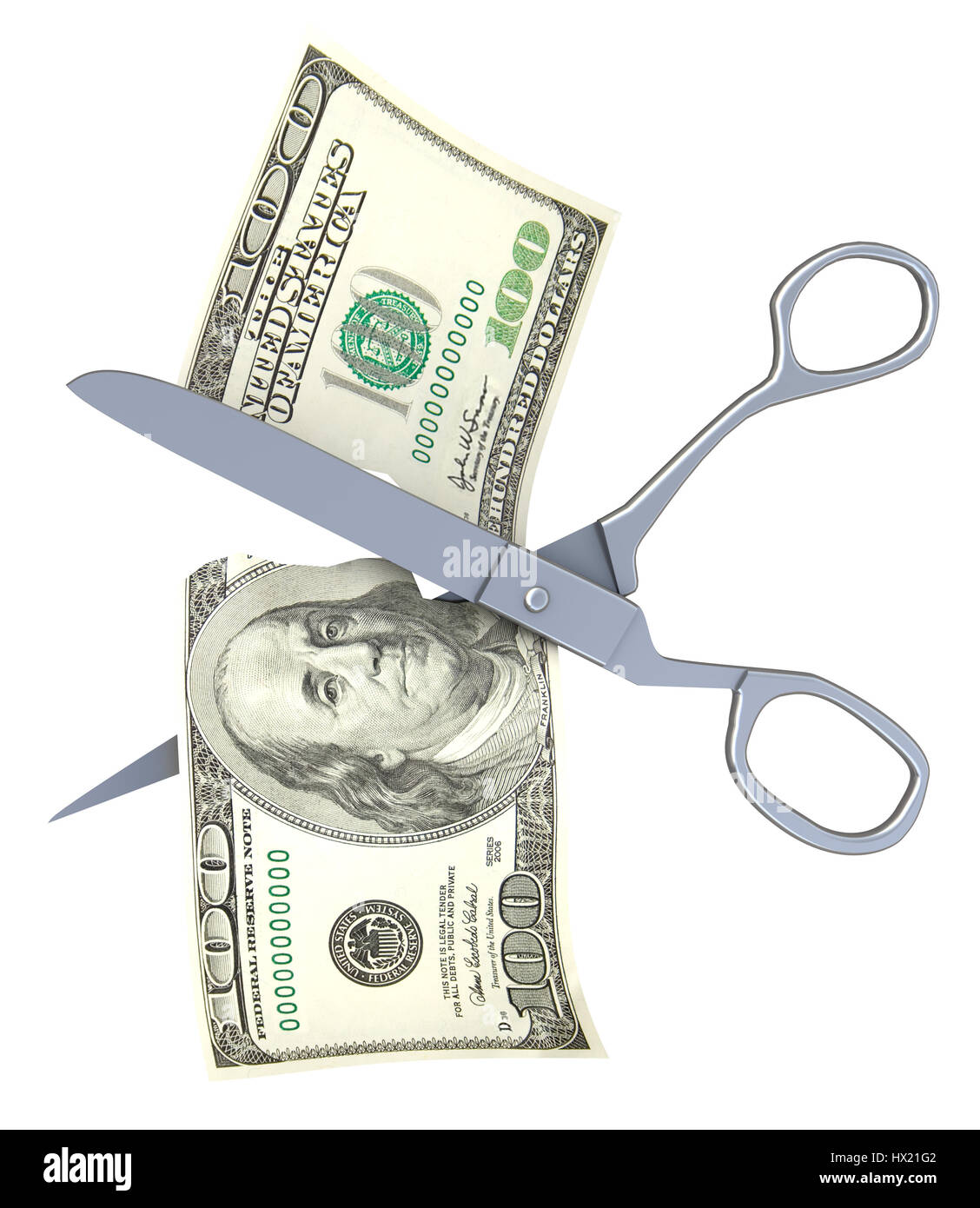 3d illustration of scissors cutting dollar banknote, isolated over ...