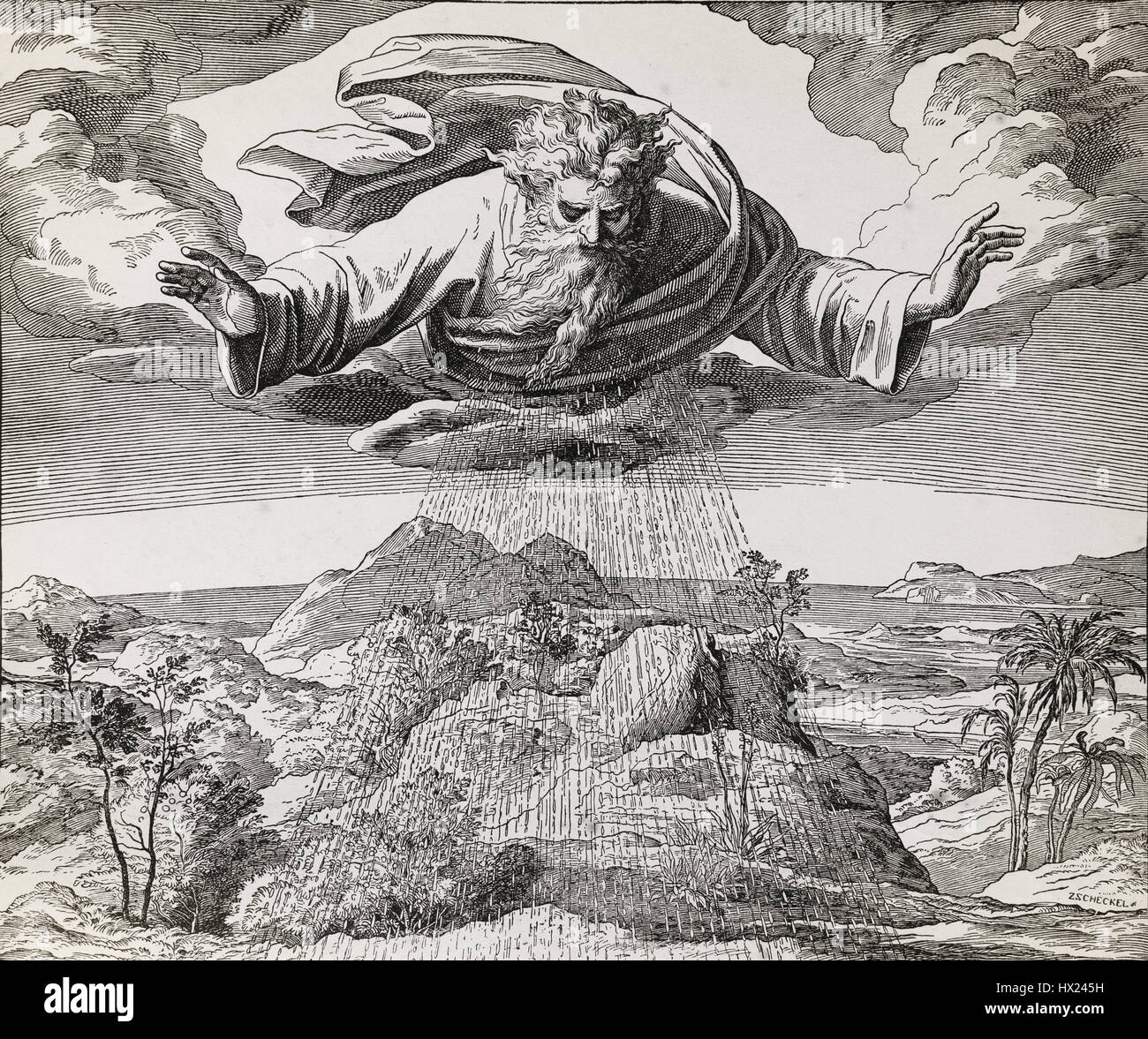 God creator creating the water and earth, graphic collage from ...