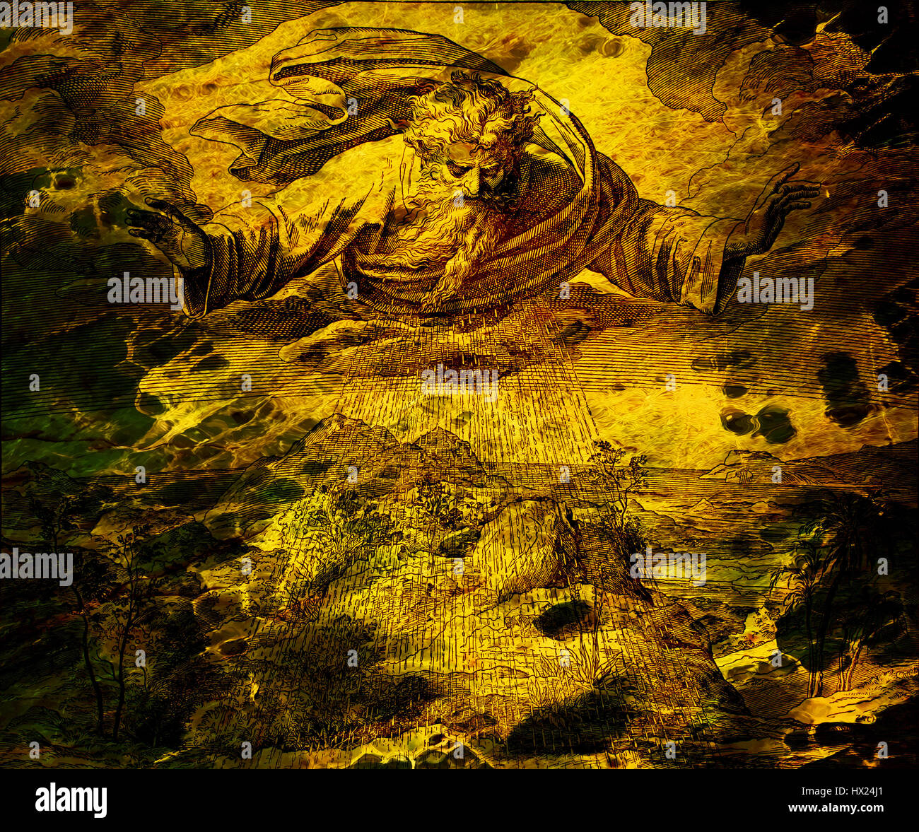 God creator creating the water and earth, graphic collage from ...