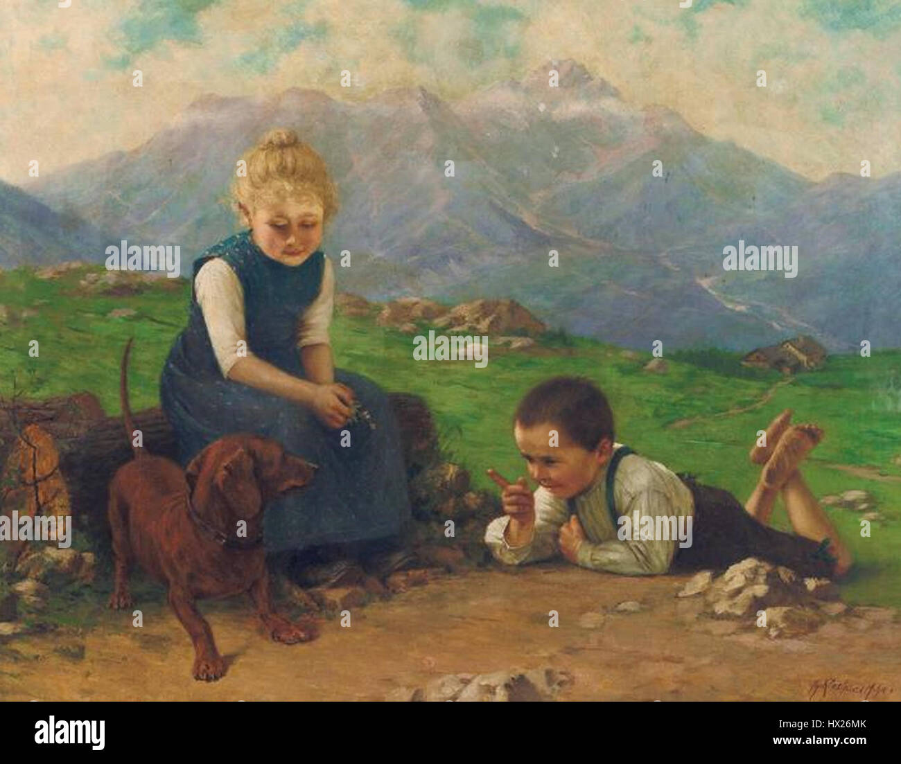 Kleehaas Kinderpaar mit Dackel Stock Photo - Alamy