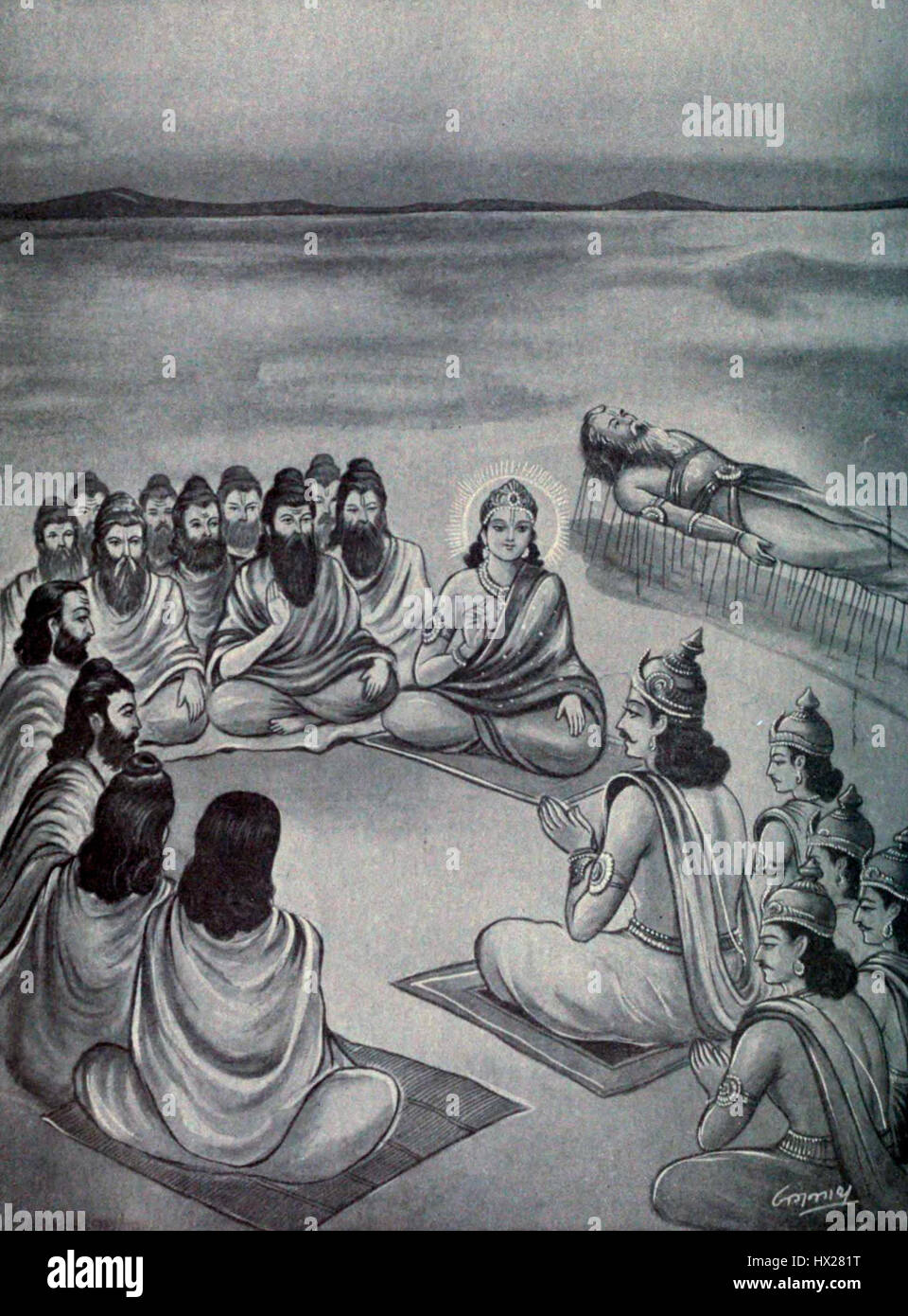 Krishna and sages instructing Yudhisthira Stock Photo - Alamy