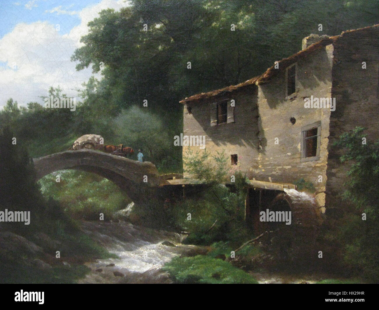 Landscape with water mill and stone bridge Stock Photo - Alamy