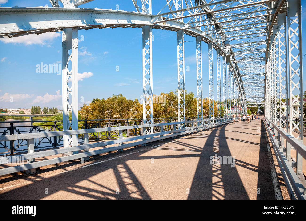 BOROVICHI, RUSSIA - AUGUST 6, 2016: First in Russia steel arch bridge ...