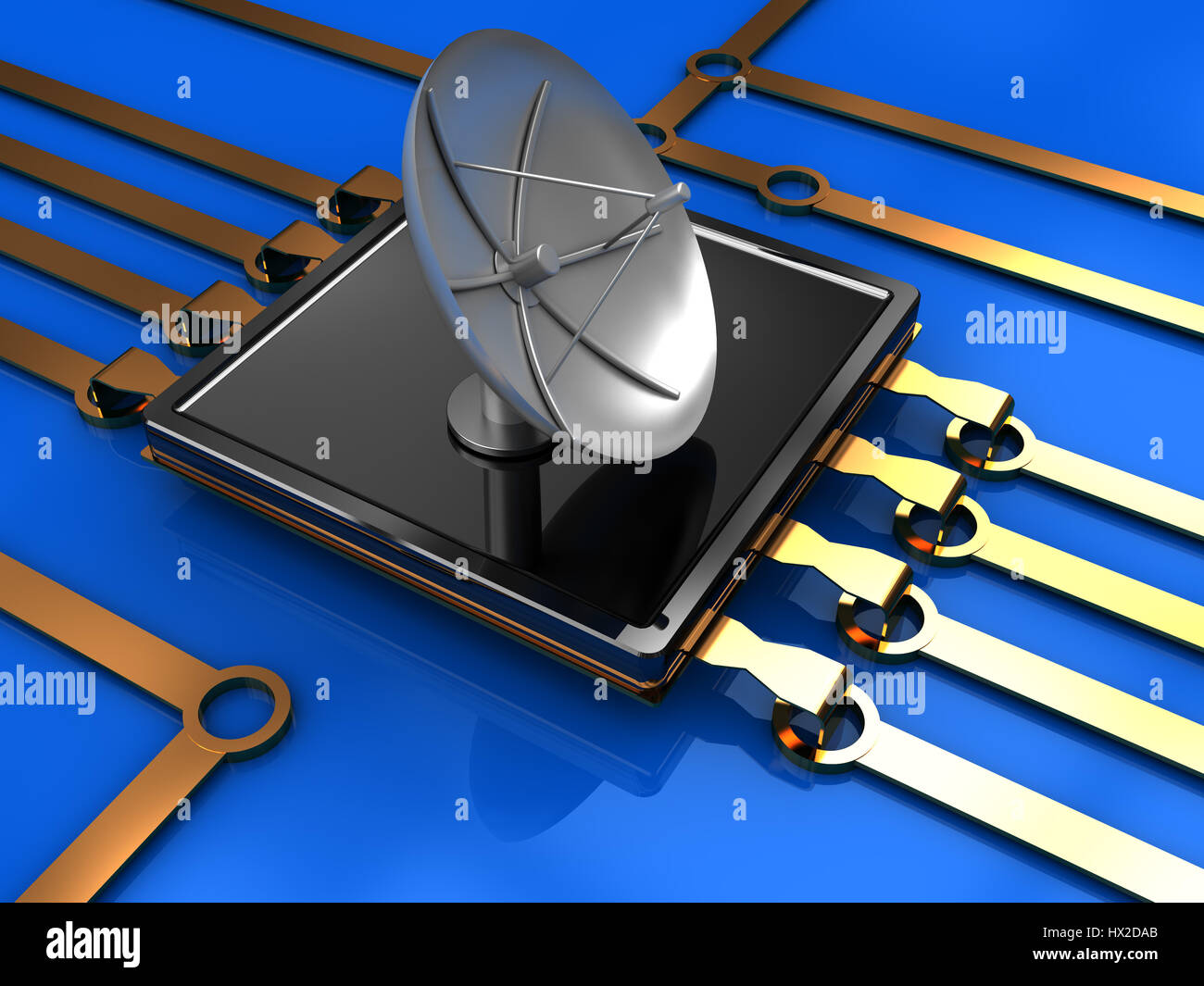 abstract 3d illustration of electronic circuit with satellite antenna ...