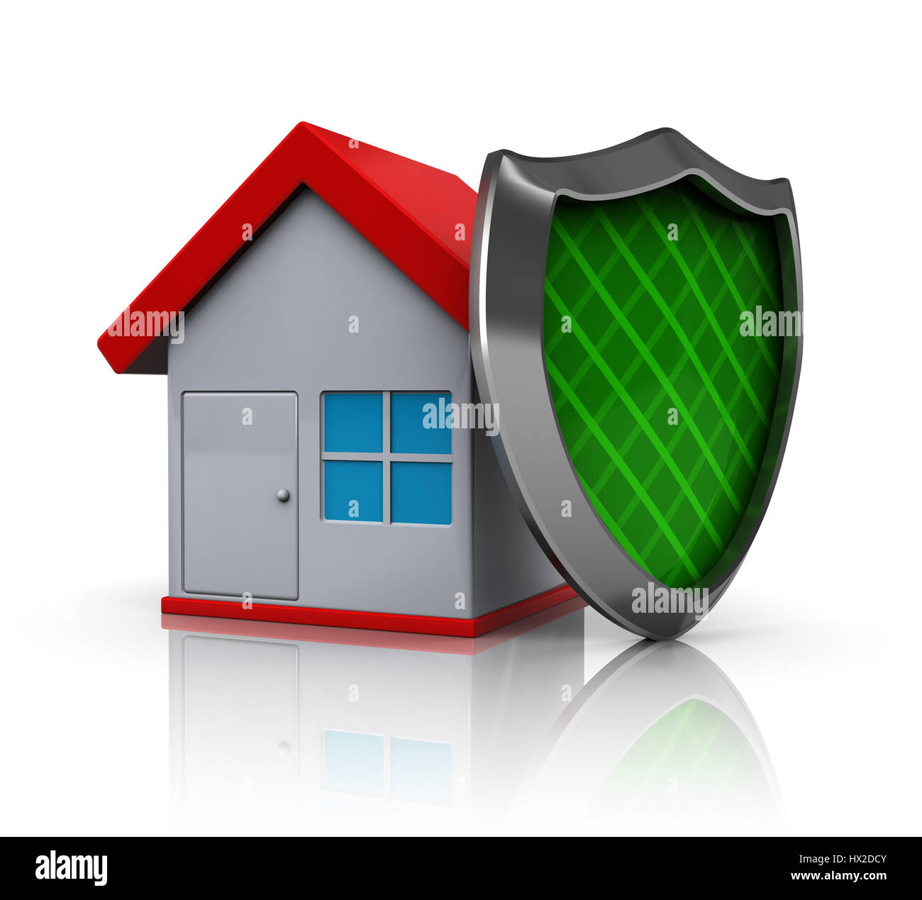 3d illustration of house protected by shield, over white background ...