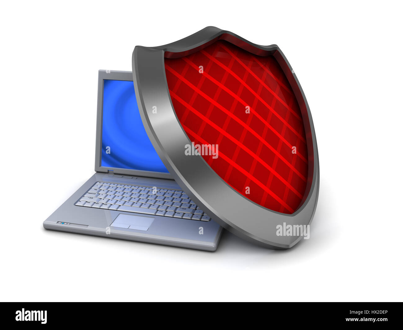 3d illustration of laptop computer with shield, information security ...