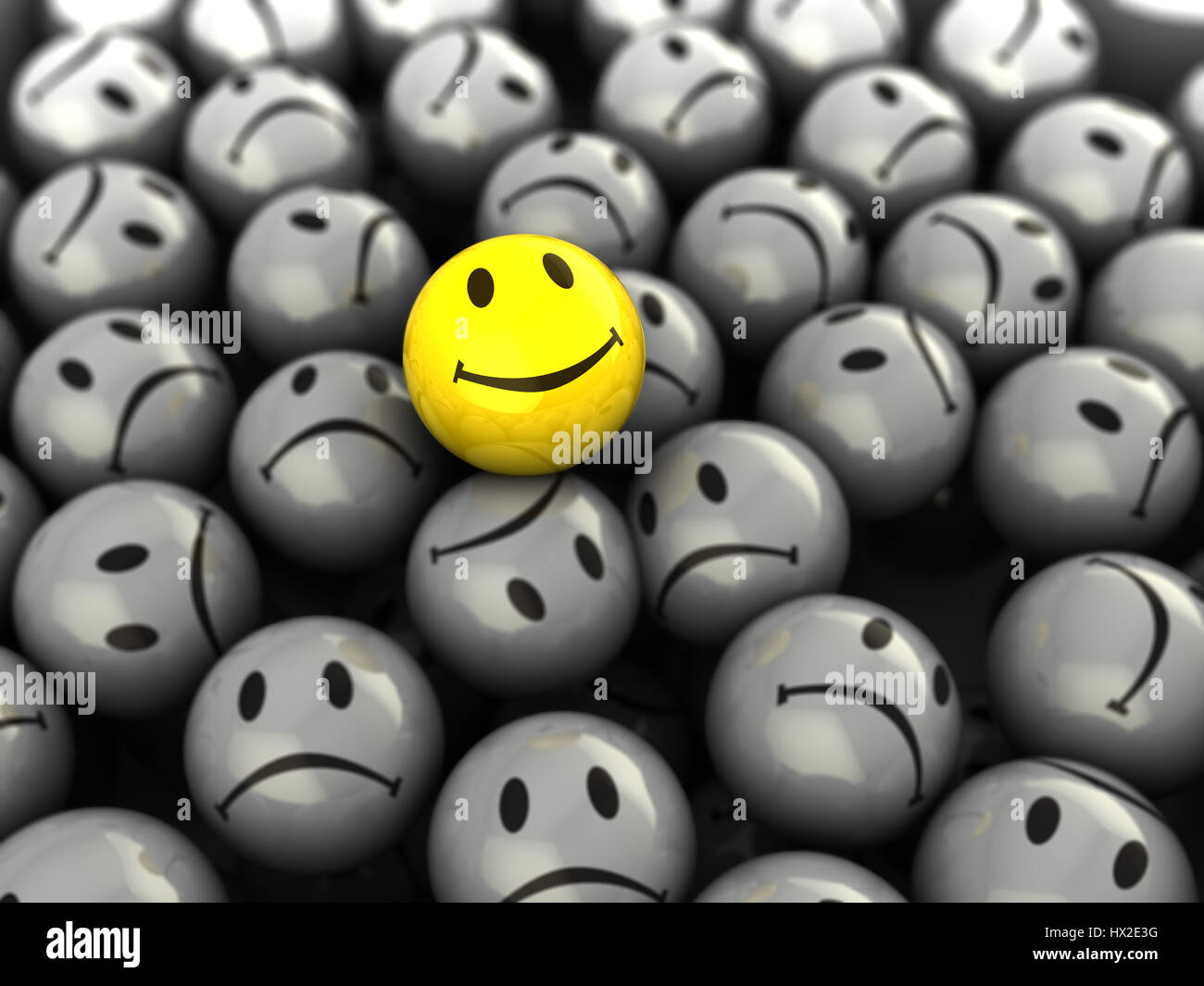 3d illustration of one happy face symbol on gray crowd background Stock ...