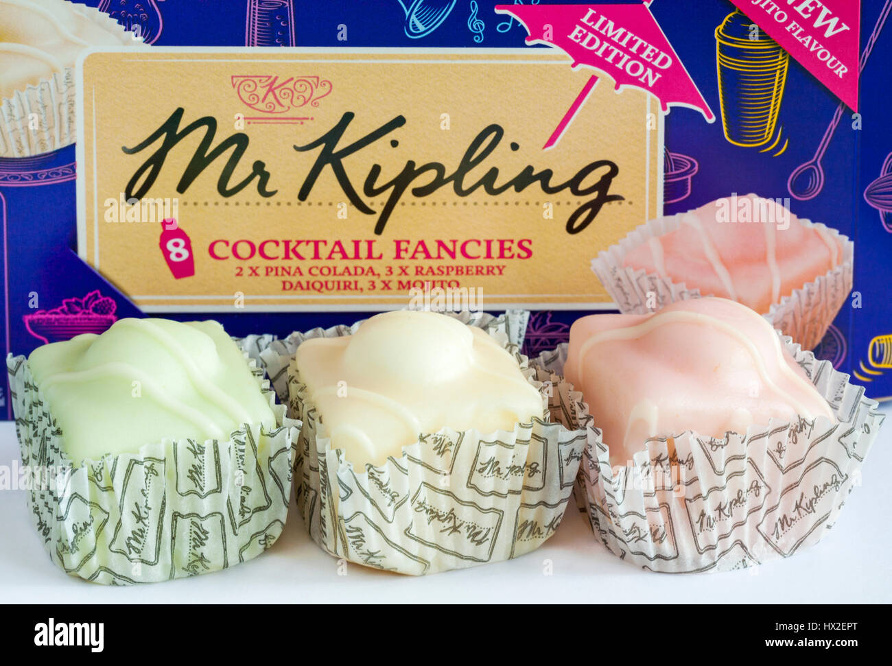 Box of Mr Kipling Cocktail Fancies with cakes removed set on white ...