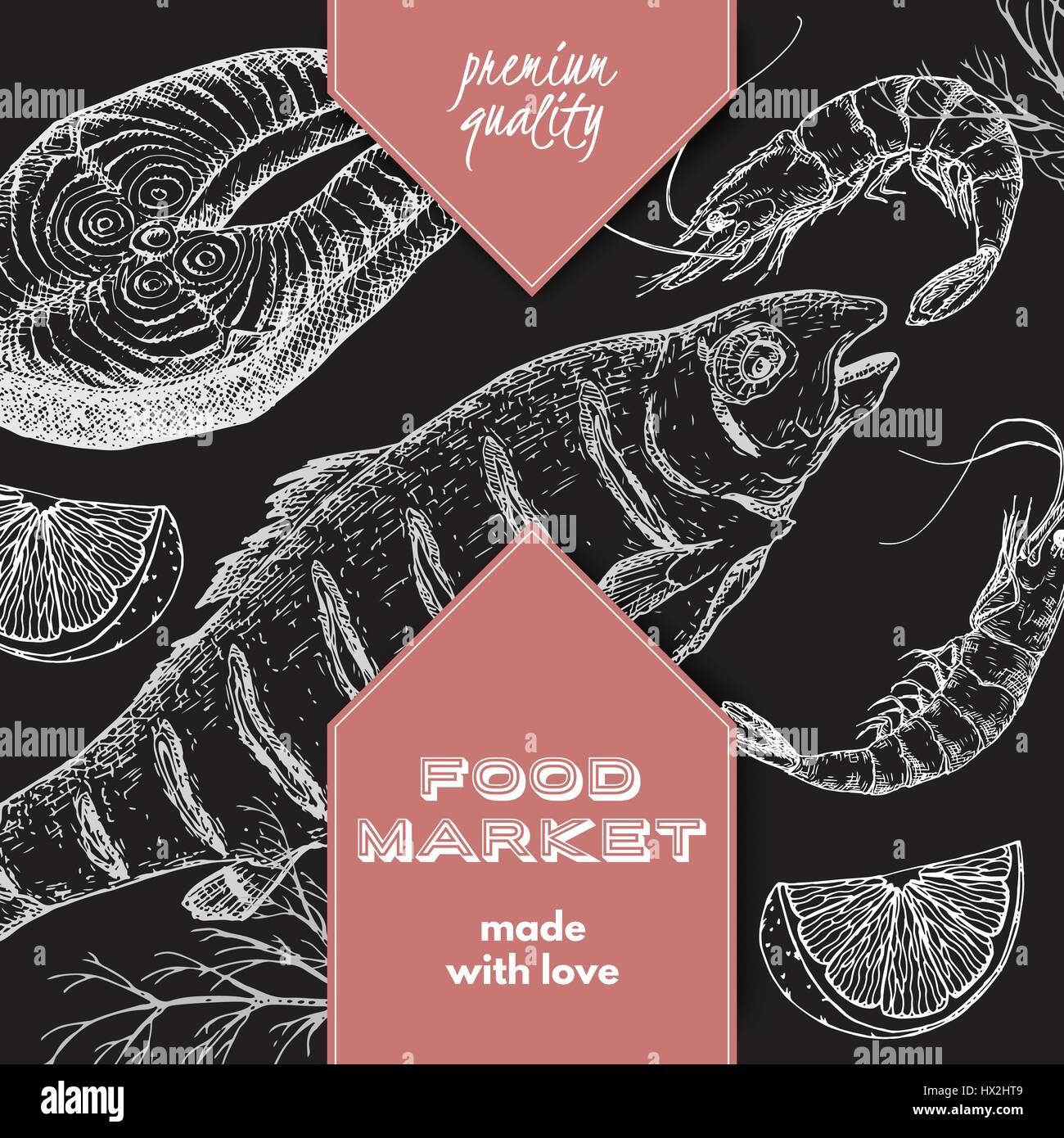 Food market label with grilled fish, fish steak and shrimps Stock ...