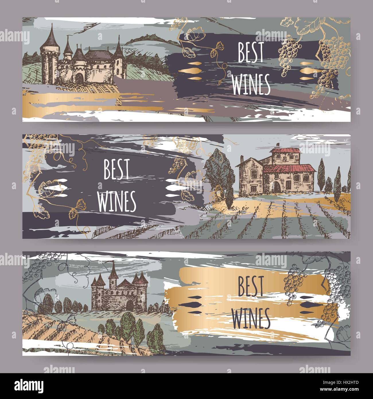 Three color wine label templates with castles, vineyard landscapes ...