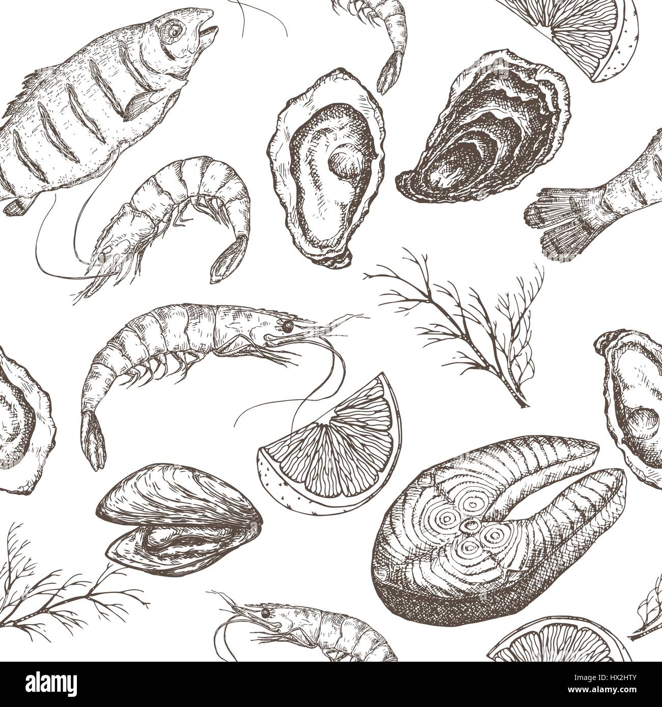 Hand drawn seafood vector seamless pattern Stock Vector Image & Art - Alamy