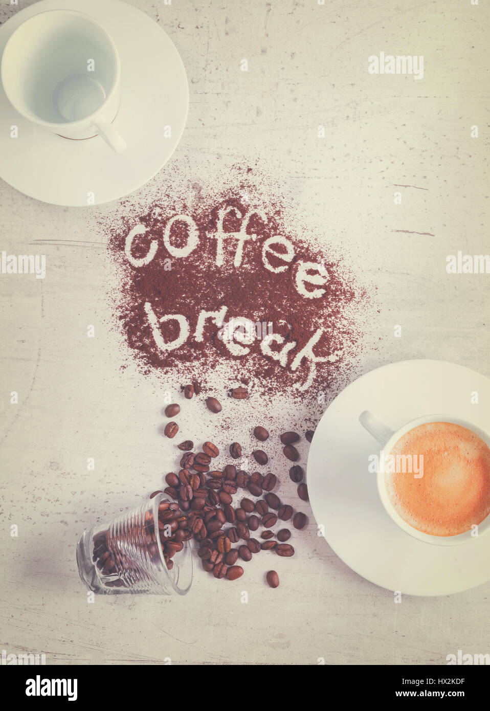 coffee break concept - empty cup and cup of espresso with coffee break ...