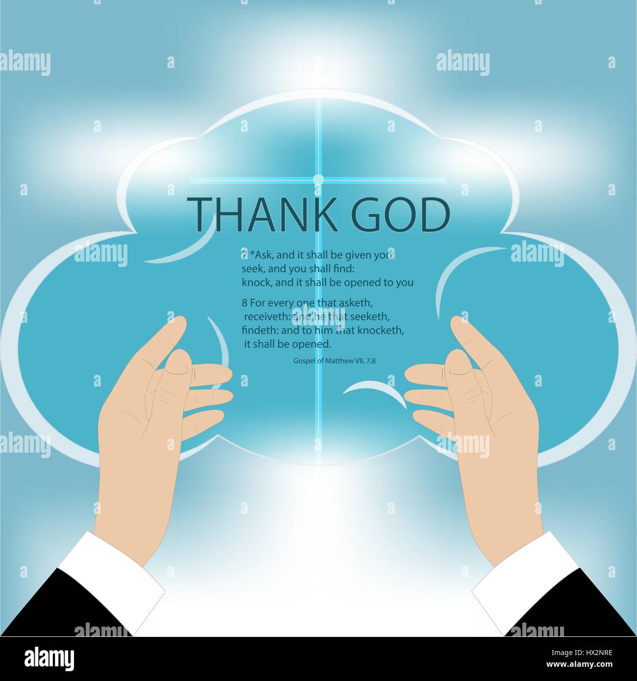 Vector drawing of hands rising to God, on a blue background mesh, text ...