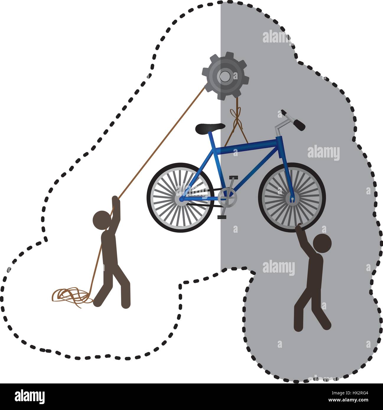 sticker colorful workers with pulley holding bicycle Stock Vector Image ...