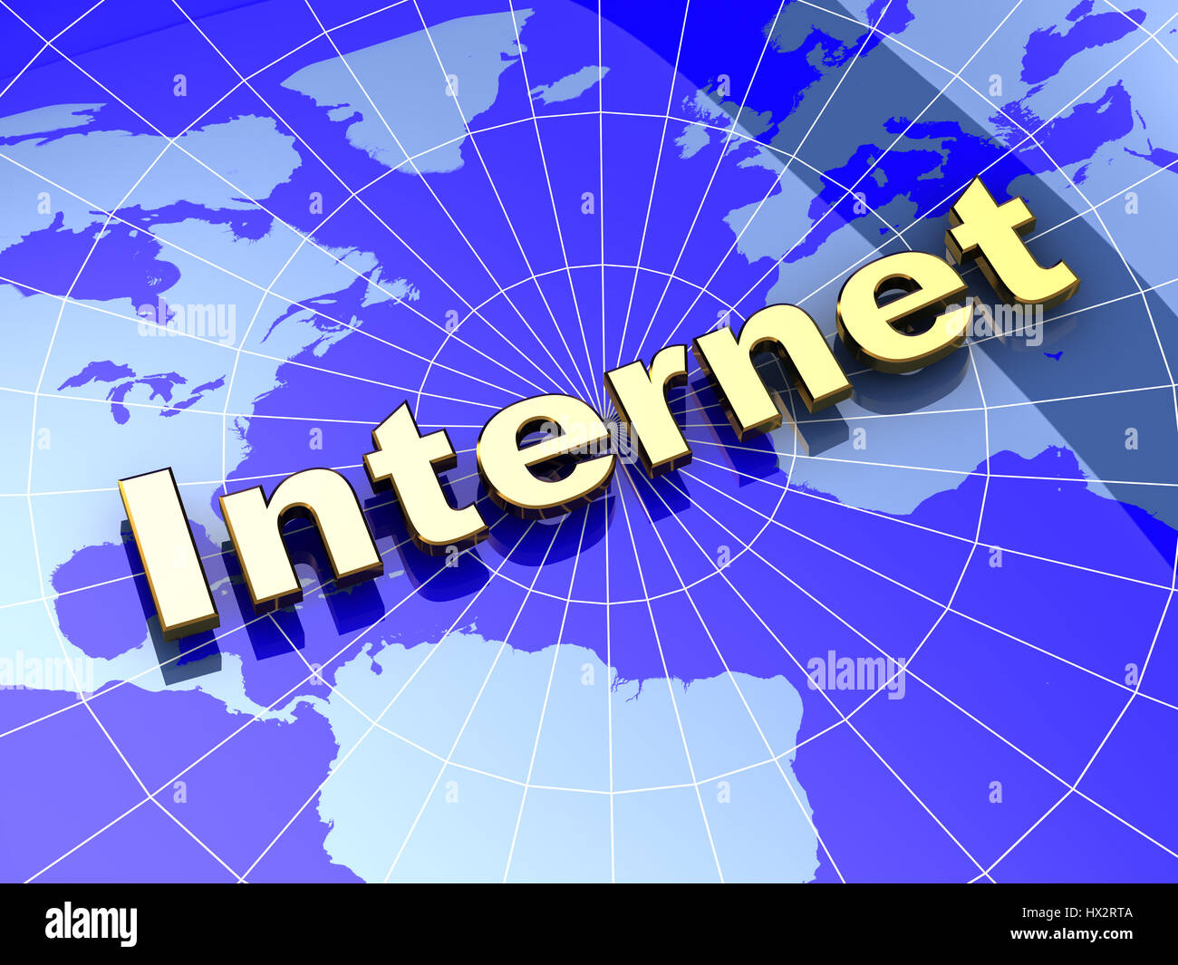 abstract 3d illustration of text 'internet' over world map background ...