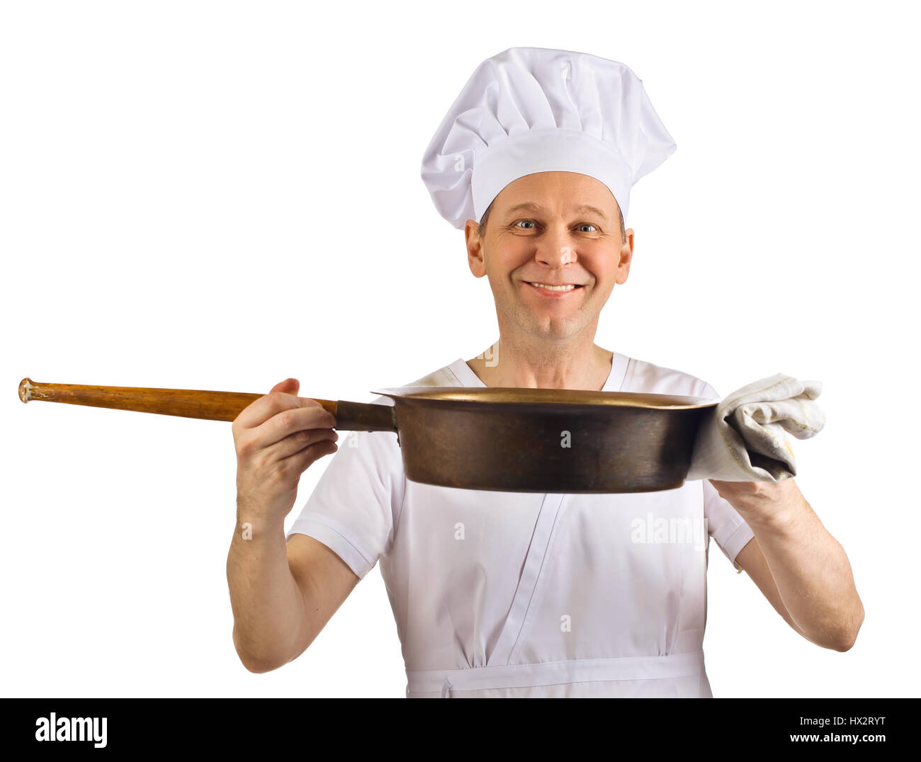 Happy cook with pan isolated on white background Stock Photo - Alamy