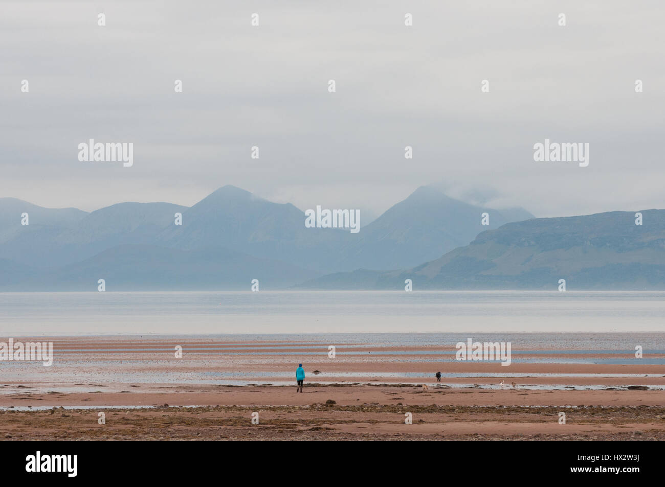 The shell beach at Applecross, Scotland looking across the sea to the ...