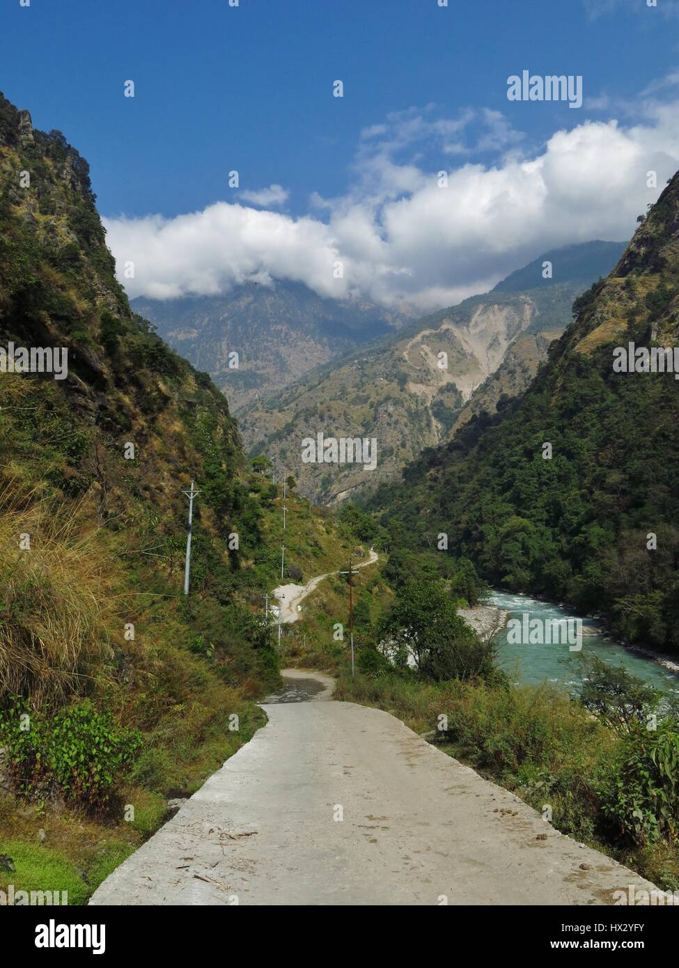 Road from Besi Sahar to Manang. Marsyangdi River. Autumn scene near ...