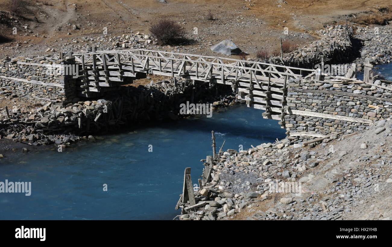 Timber bridge in Manang. Traditional architecture. Scene in Manang ...