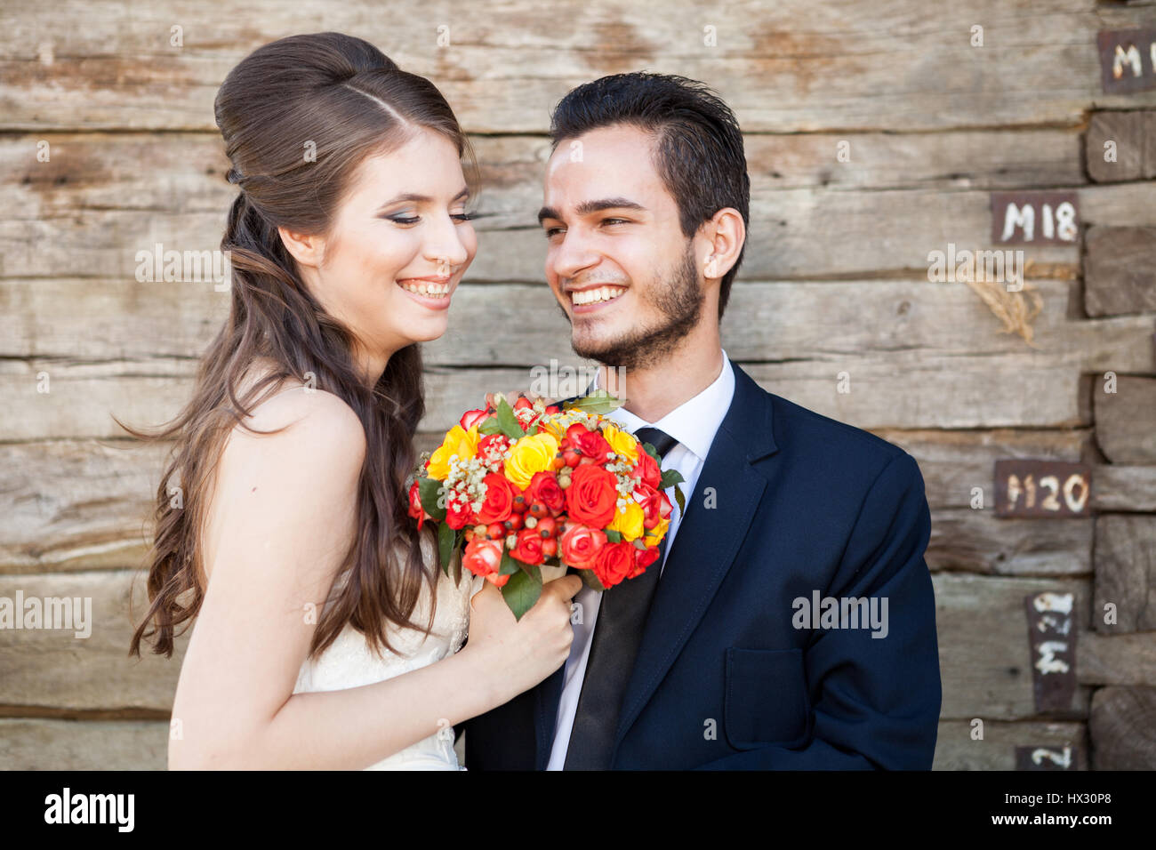Portrait of bride and groom in wedding photo. Just married couple Stock ...