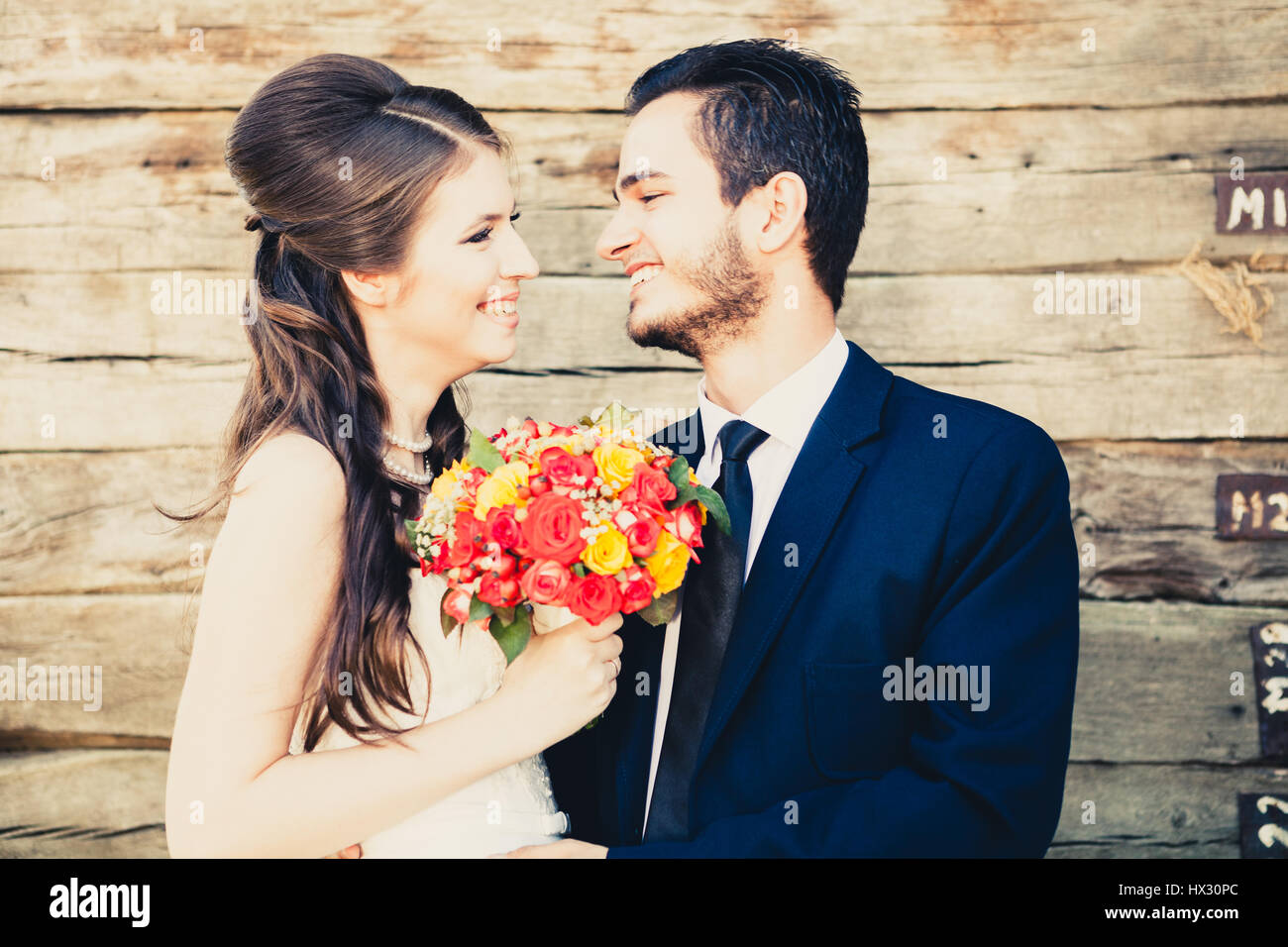 Portrait of bride and groom in wedding photo. Just married couple Stock ...