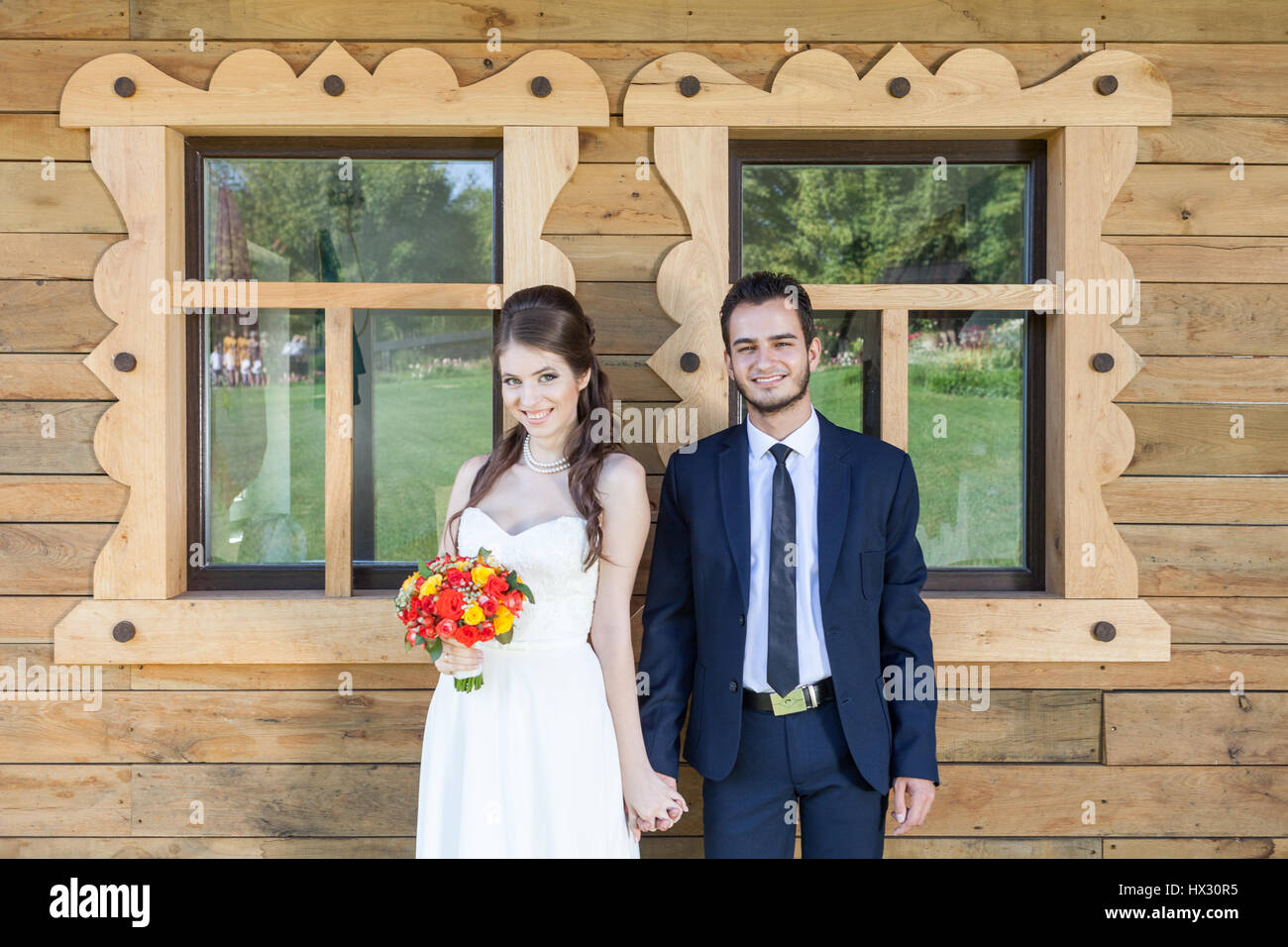 Happy bride and groom in wedding photo. Just married couple Stock Photo ...