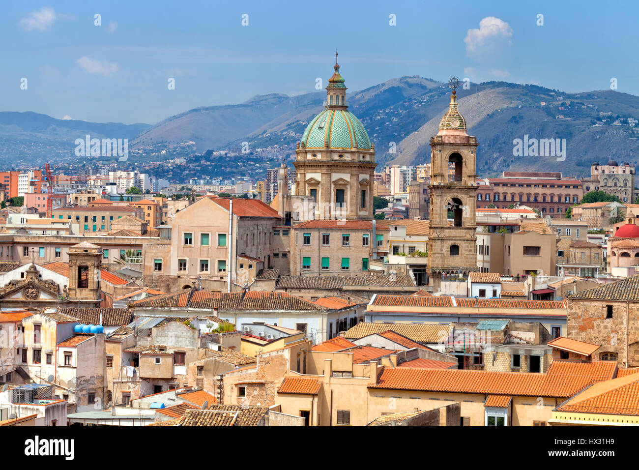 Sicilian town of Palermo skyline over roofs of historic buildings with ...