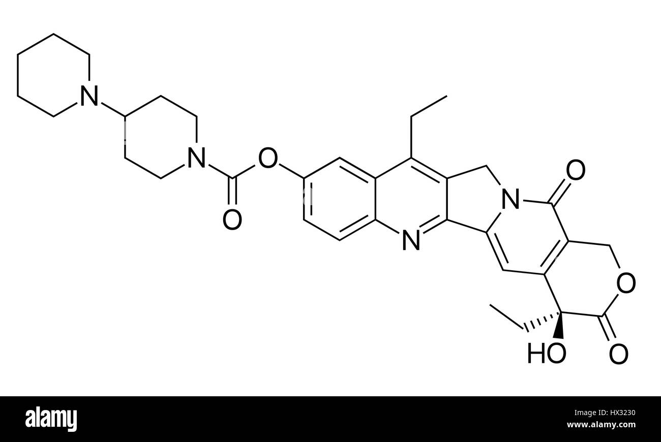 Irinotecan cancer chemotherapy drug molecule. Stylized skeletal formula ...