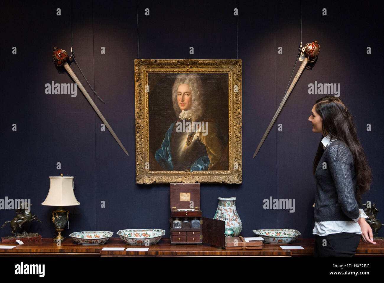 London, UK. 24 March 2017. Scottish basked-hilted steel broadswords ...