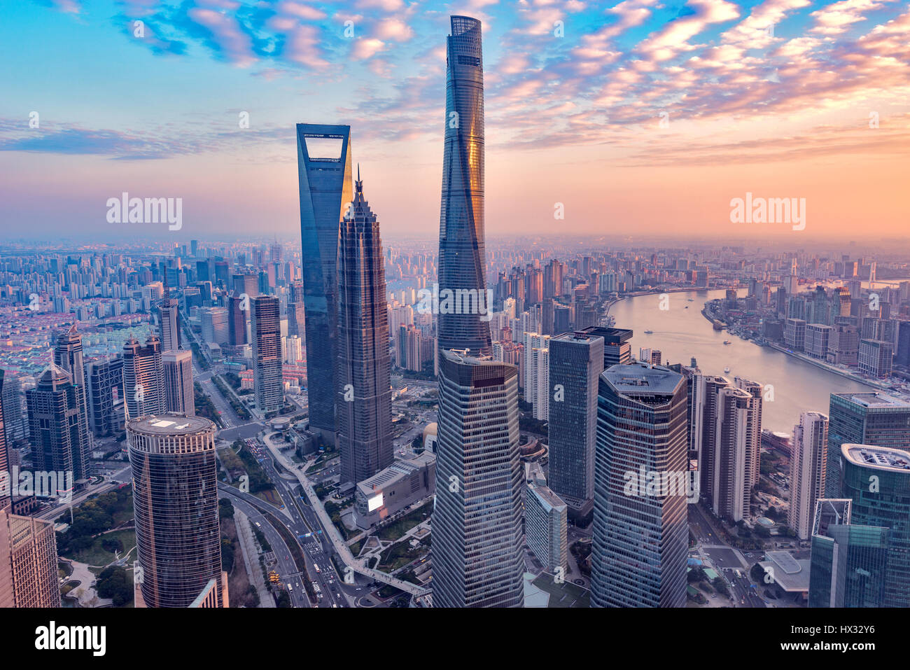 Aerial view of Shanghai city center at sunset time. China Stock Photo ...