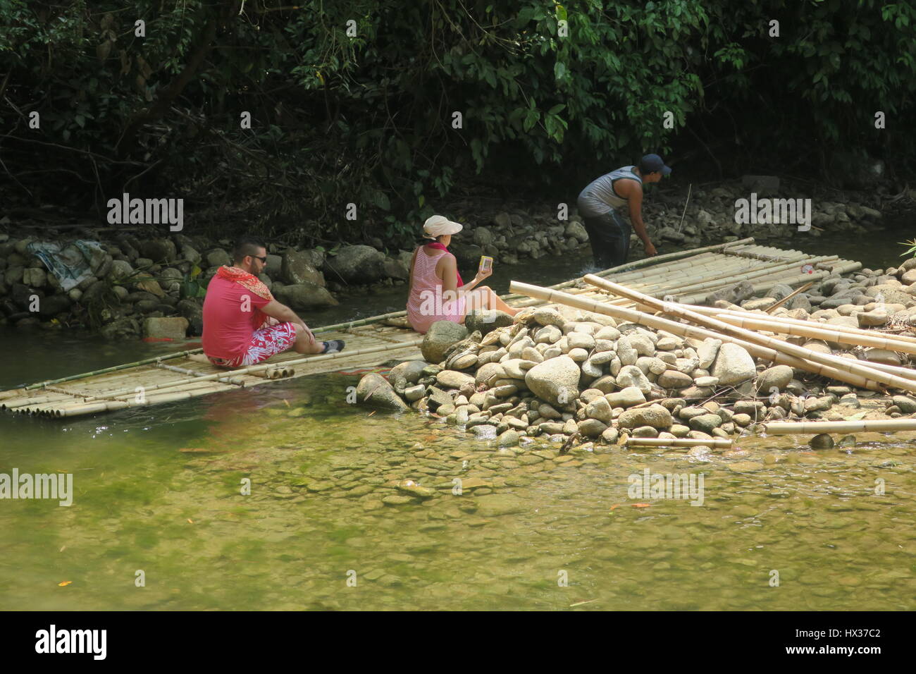 A start of a bamboo rafting in Phuket. The stream is very calm and ...
