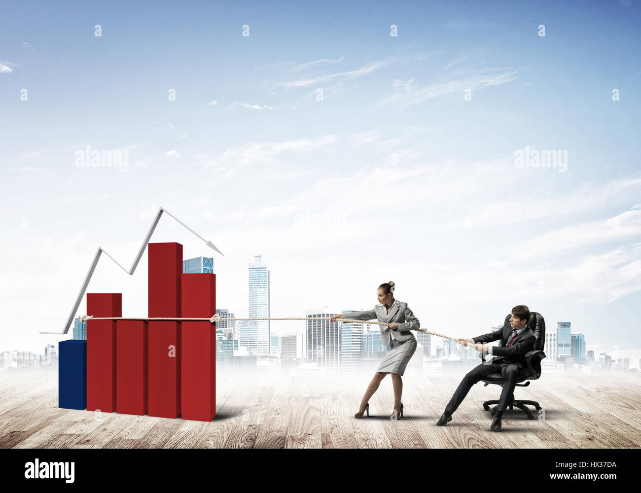 Businesspeople pulling graph with rope as symbol of power and control ...