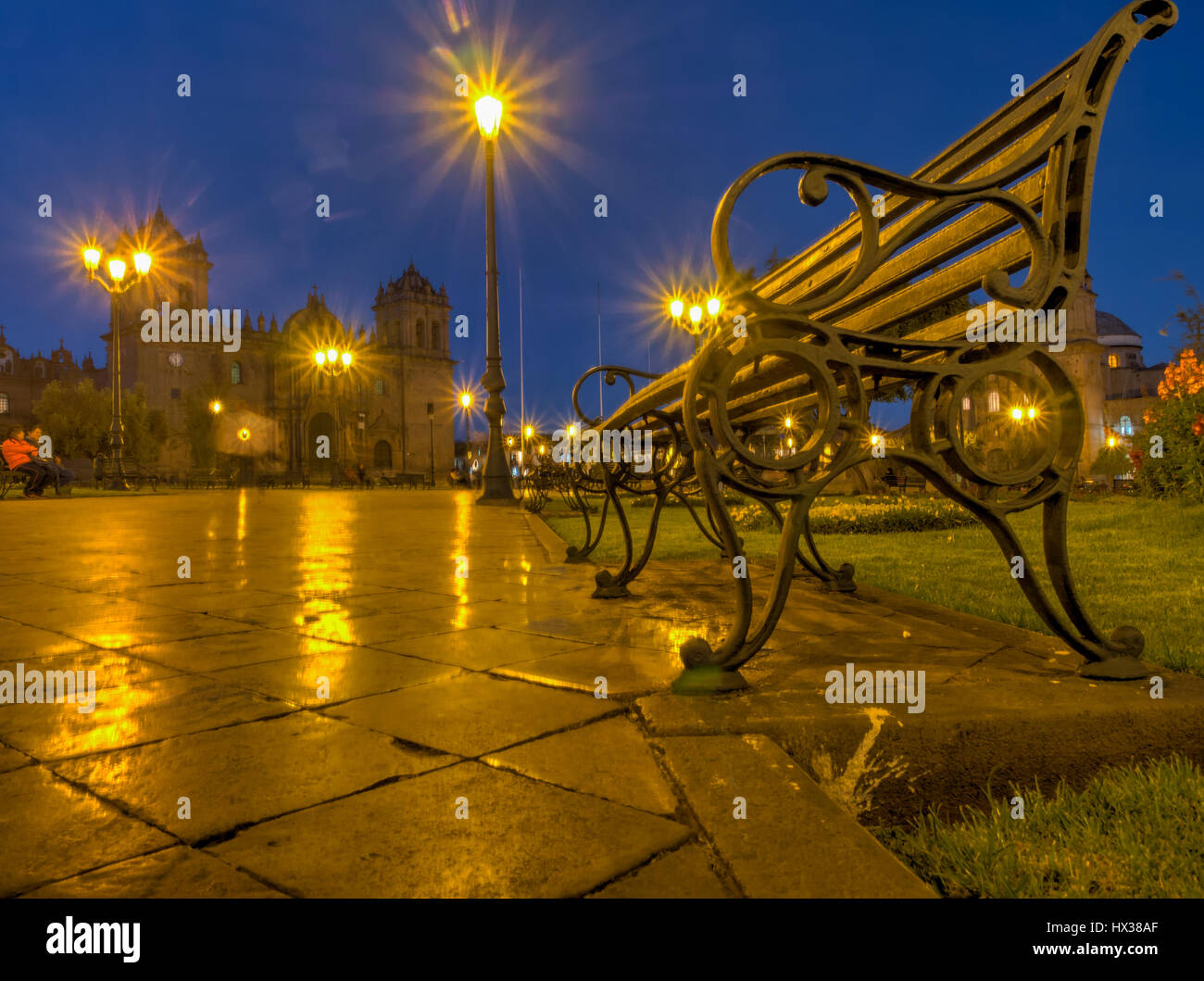 Cusco, Peru - May 22, 2016, Bench at the main square at dusk. Plaza de ...