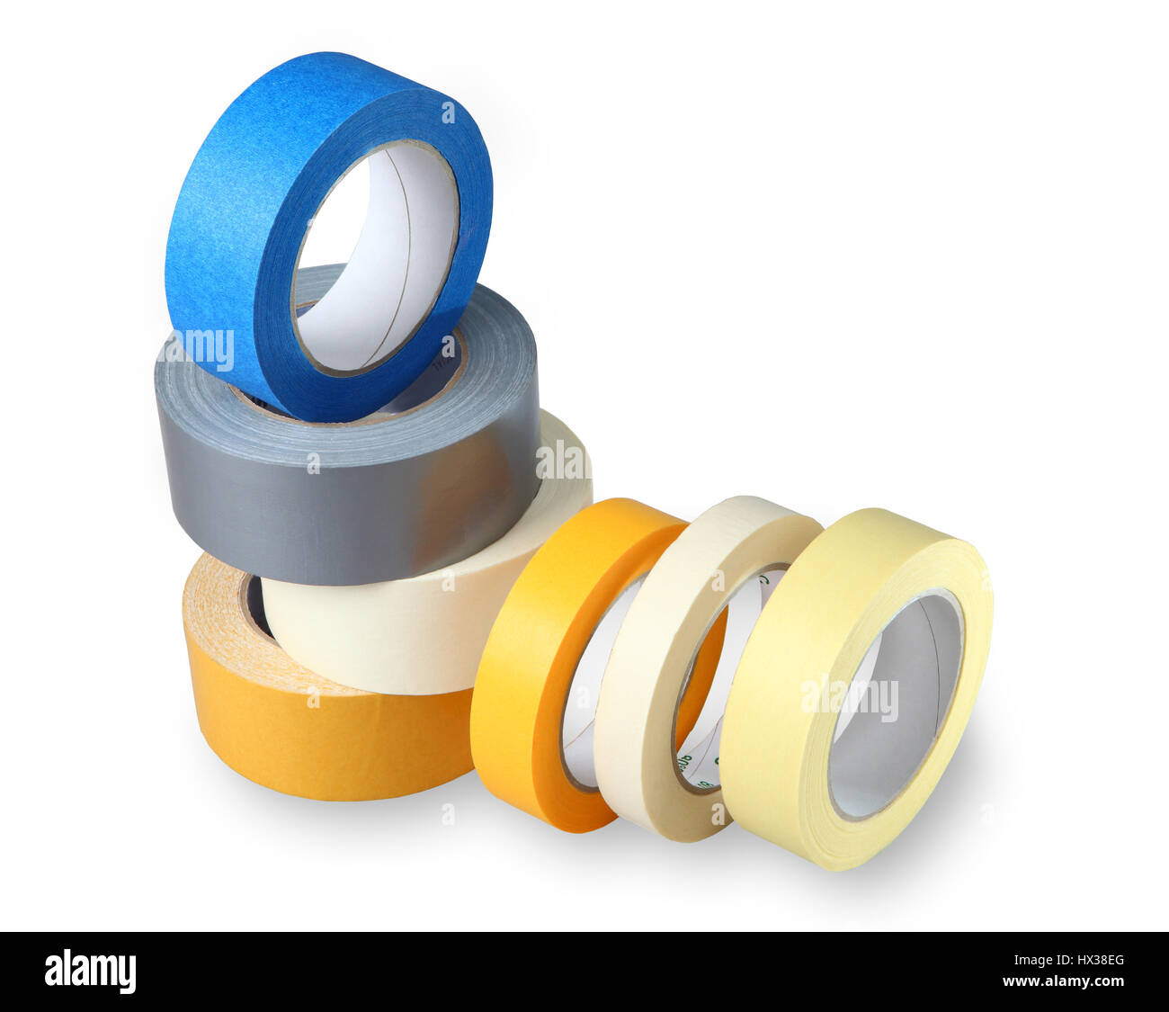 Seven coils colored adhesive tape on paper and polymer-based, isolated ...