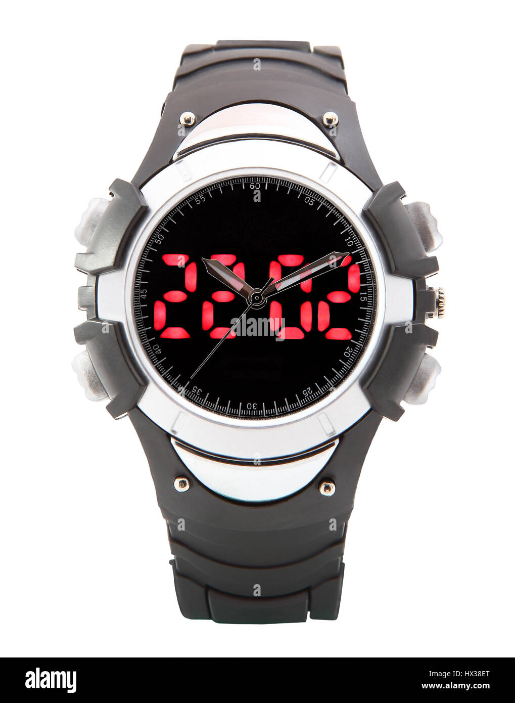 Black multifunctional clock with dual LED time display, rubber strap ...