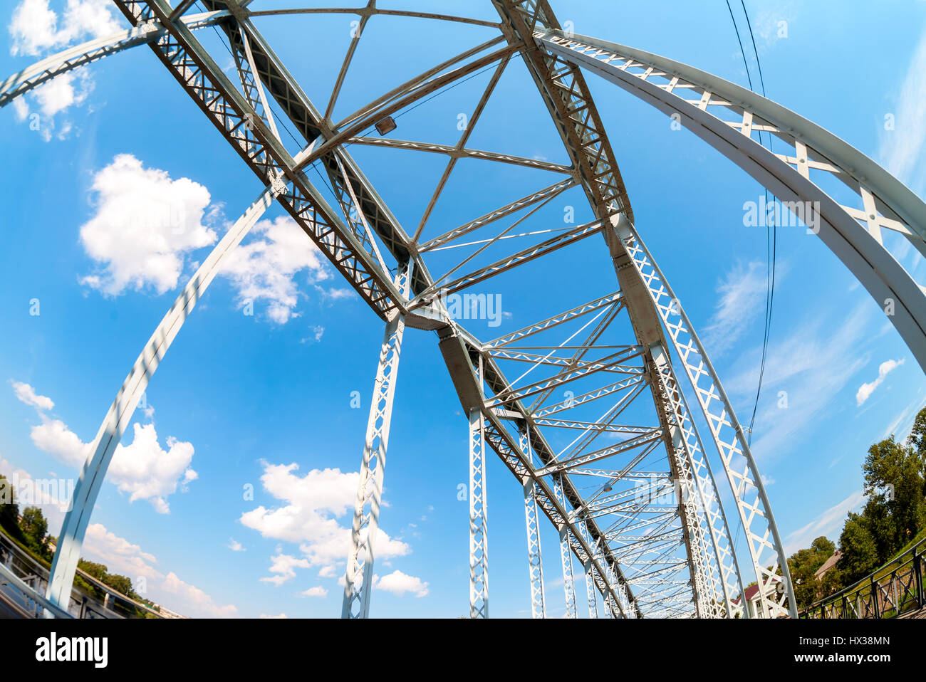 First in Russia steel arch bridge on river Msta. Historic iron bridge ...