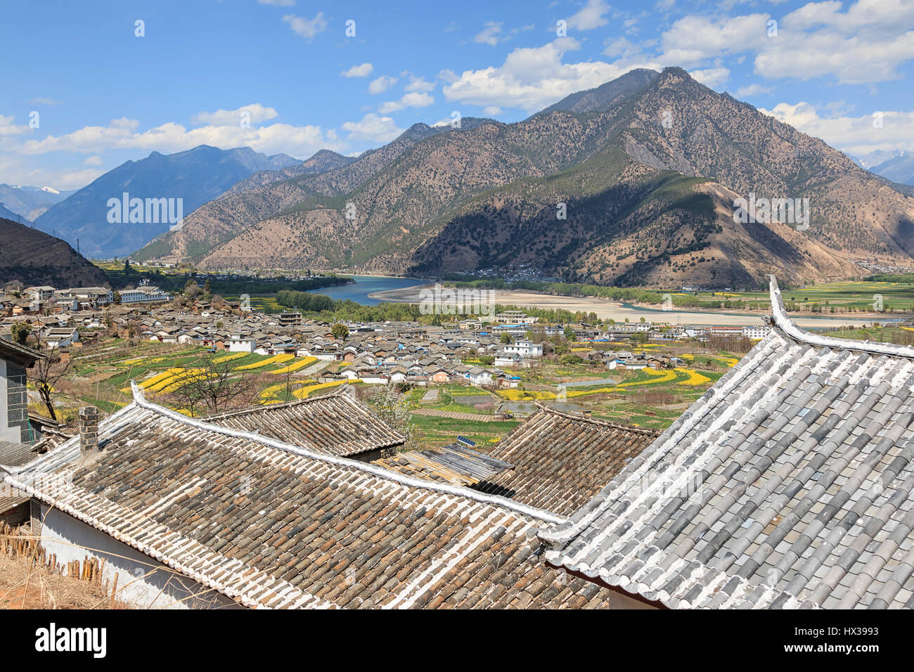 ShiGu village near Lijiang, aerial view. ShiGu is in Yunnan, China, and ...